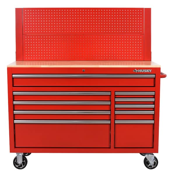 Husky 52 in. W 10-Drawer Gloss Red Mobile Workbench Cabinet with Solid ...