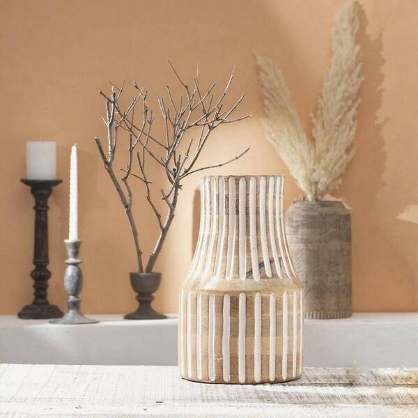 Wooakway 15 in. Handcrafted Light Brown Wood Bottle Vase Artisanal ...