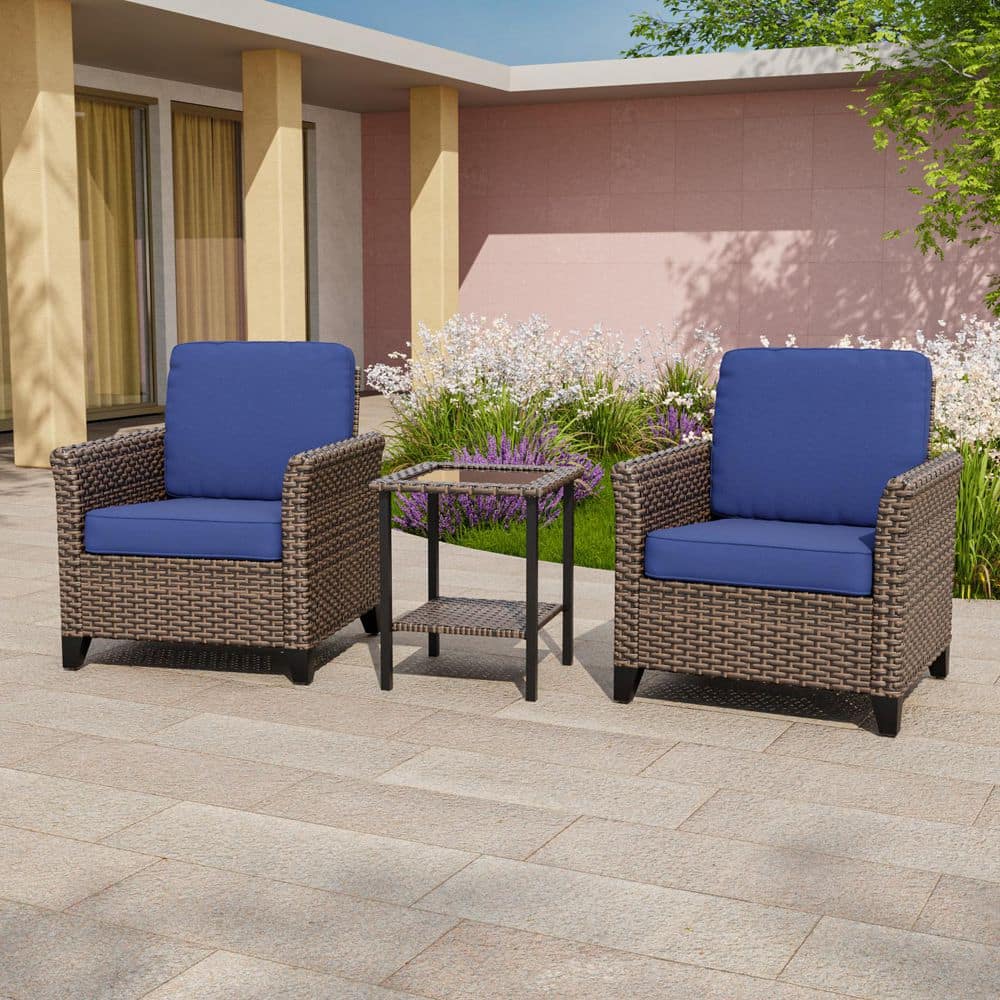 COOS BAY Brown 3-Piece Rattan Wicker Outdoor Outdoor Bistro Set with Blue Cushions, Patio Chairs ...