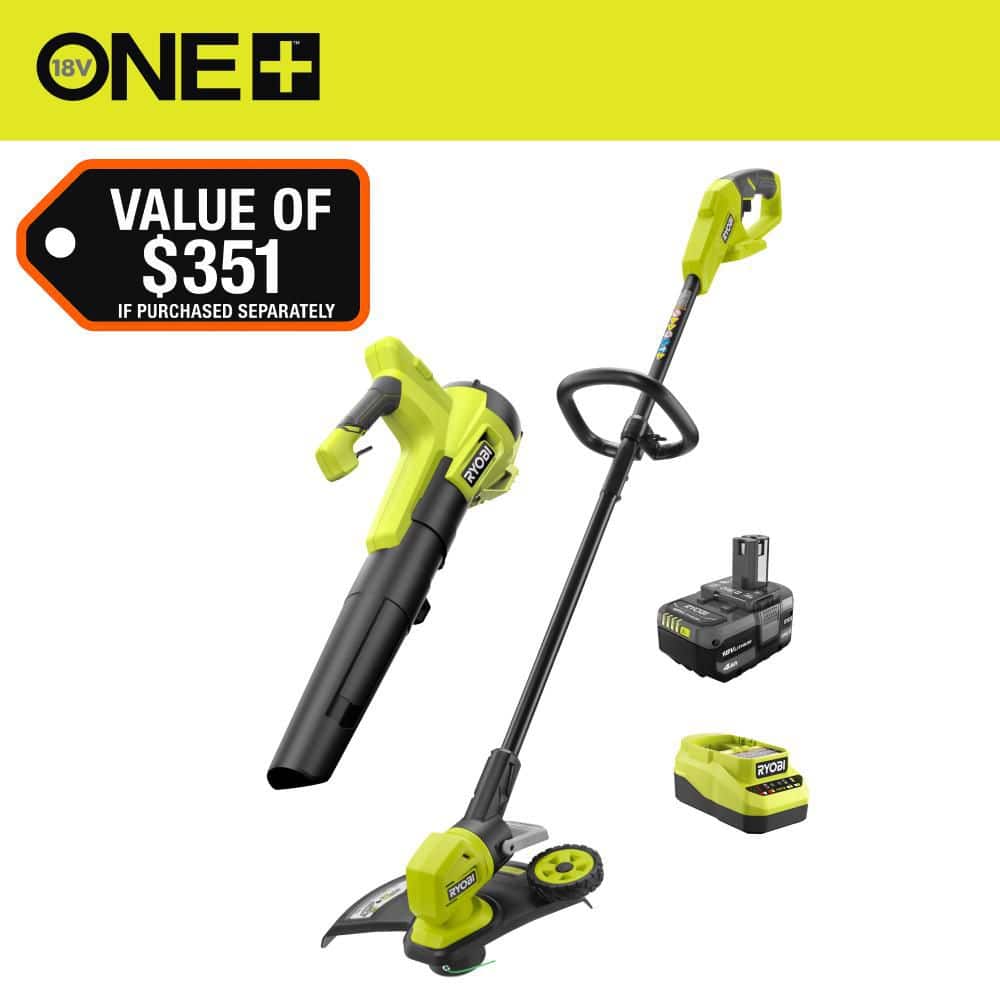 RYOBI ONE+ 18V Cordless Battery String Trimmer/Edger and Jet Fan Blower ...