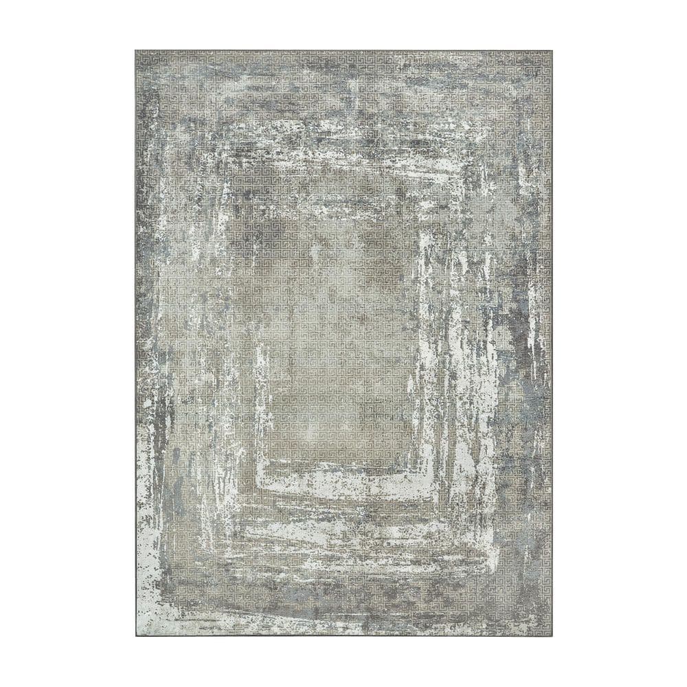 My Magic Carpet Amaya Bordered Abstract Greige Washable Rug 5 ft. x 7 ...