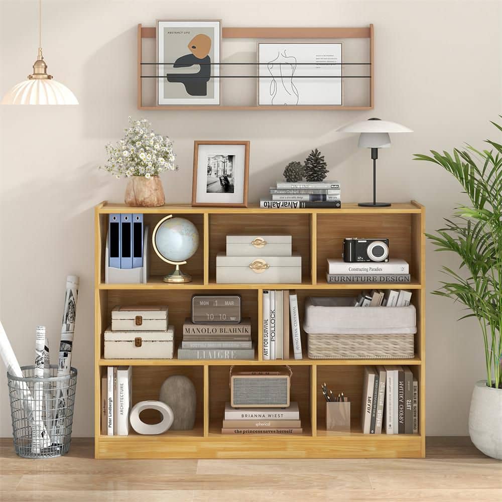 HONEY JOY 36.5 in. Tall Burlywood Wood 3-Shelf Storage Cube Bookcase 8 ...