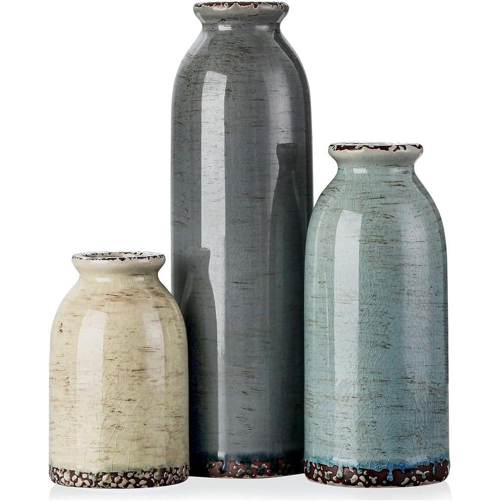 Multicolor 3.2 in. x 11 in. Ceramic Modern Farmhouse Vase Set of 3 ...