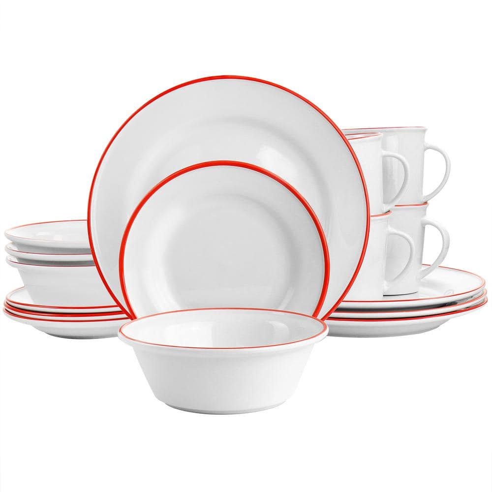 MARTHA STEWART Martha Stewart Red Rimmed Fine Ceramic 16-Piece ...