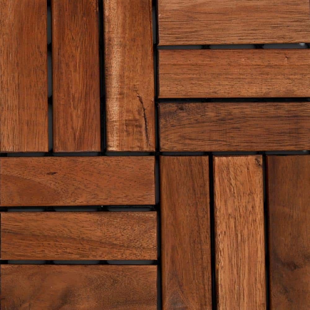 GOGEXX 12 in. x 12 in. Checker Pattern Acacia Wood Interlocking Flooring Deck Tiles Square ...