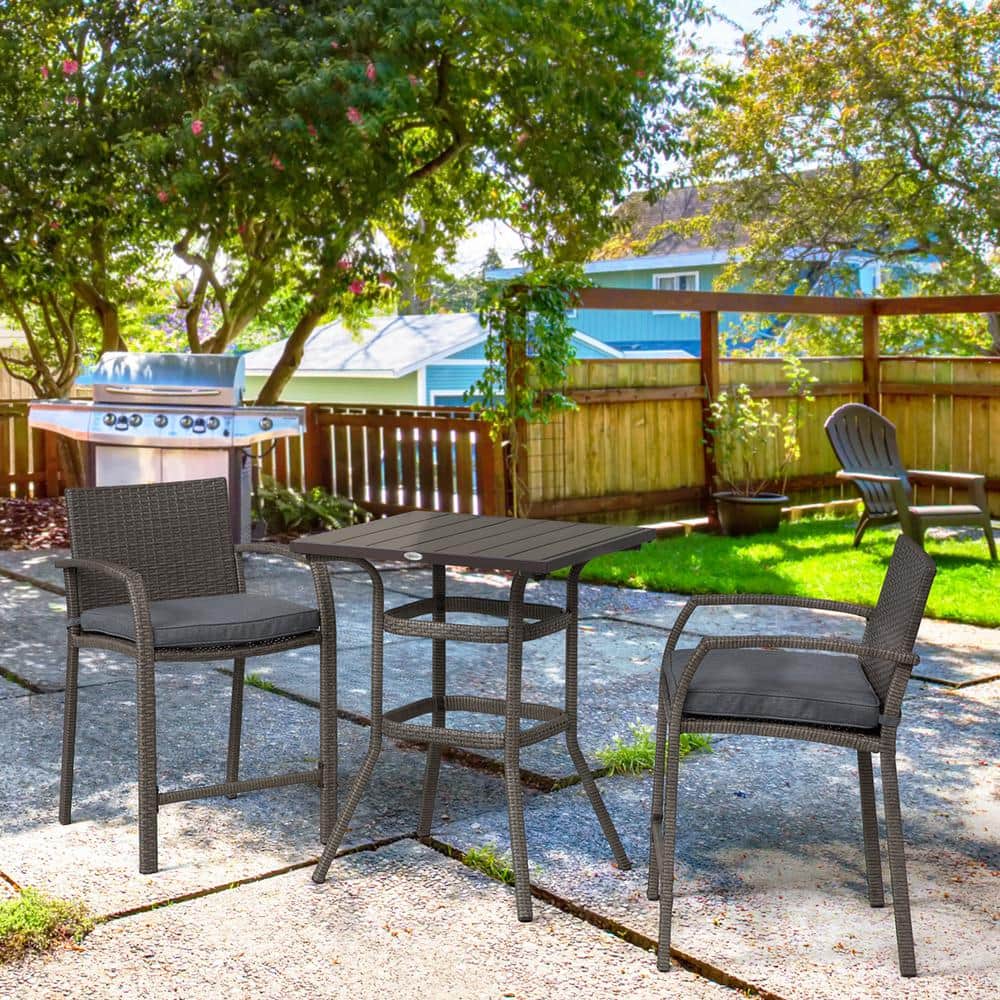 Sudzendf Gray 3-Piece Metal Outdoor Bistro Set, Bar Set with Gray Cushion Wood Grain Top Table ...