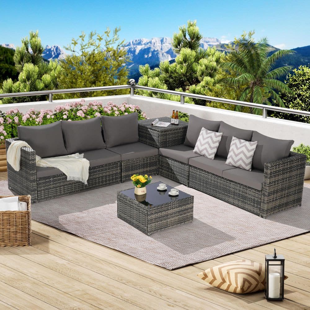 Sudzendf 6-Piece Gray Wicker Patio Conversation Set with Dark Gray Cushions, Corner table ...