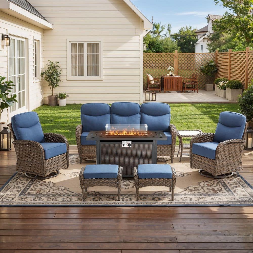 moosprr Moonridge 7-Piece Brown Wicker Fire Pit Conversation Set with 6 ...