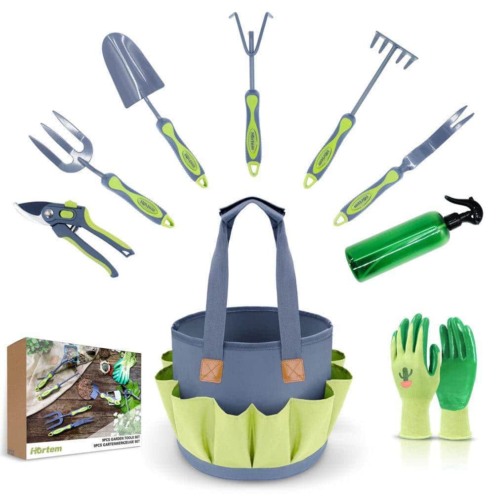 Jardineer 9-Piece Garden Tool Set with Cylinder Tote Bag and Steel Hand ...