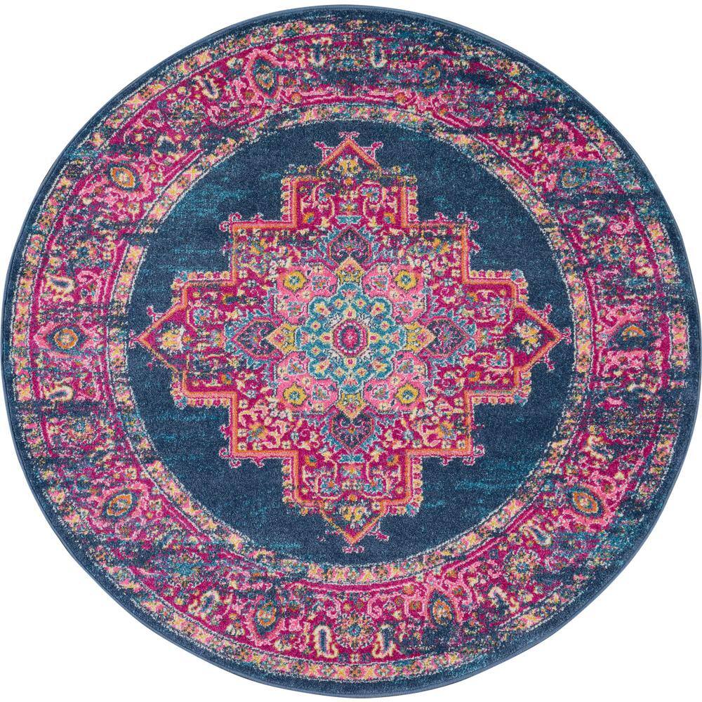 Nourison Passion Blue 8 ft. x 8 ft. Floral Transitional Round Rug ...