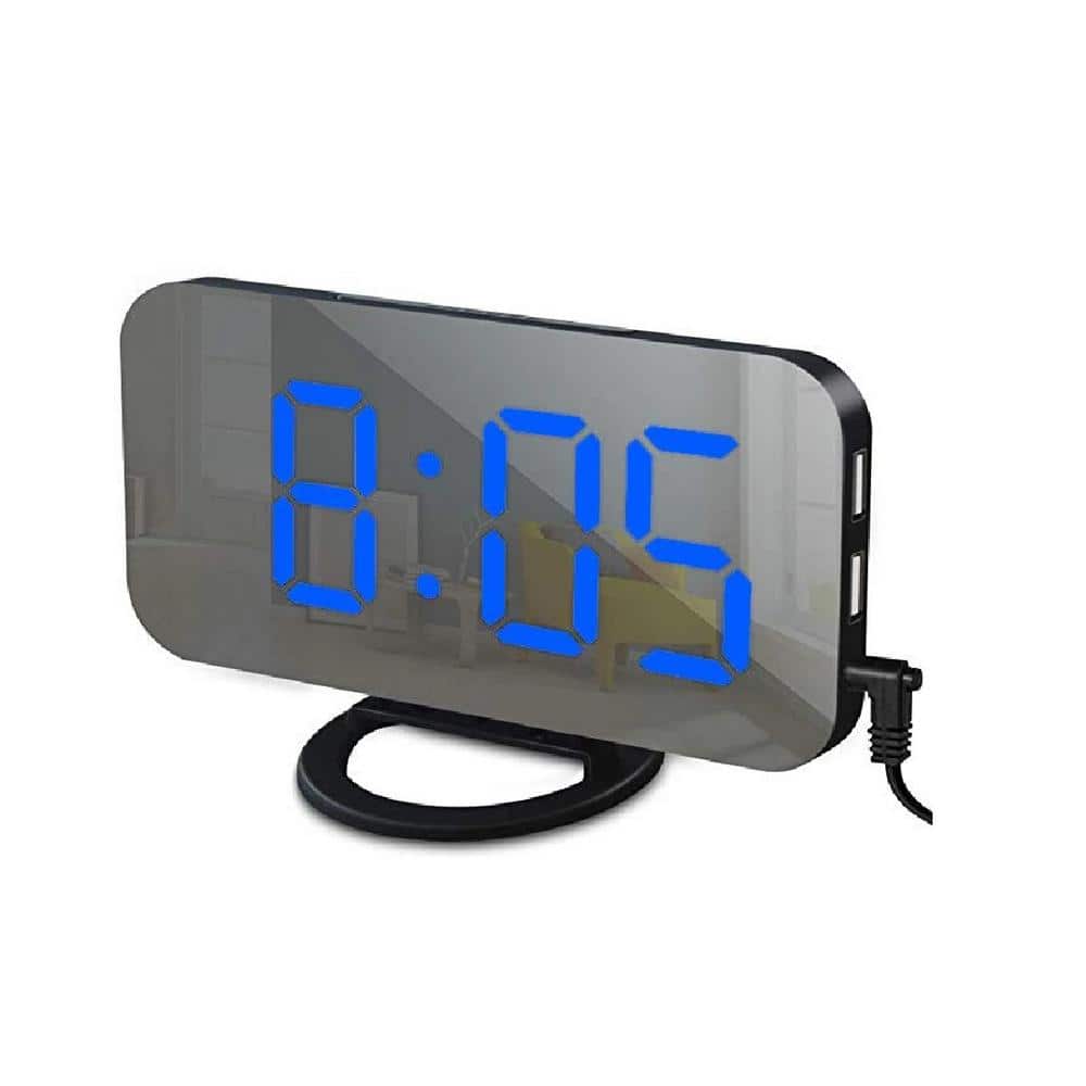 Afoxsos Black-Blue Digital LED Alarm Clock Mirror 2 USB Charger Ports ...