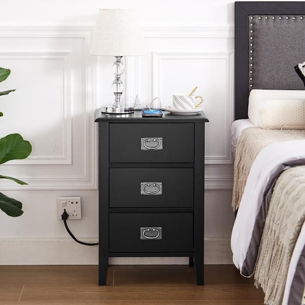 VECELO Nightstand Set of 2 with Charging Station Black End Side Table with USB Ports Nightstands with 3 Drawers Storage Shelf KHD HD CNS15 BLK A2 The Home Depot