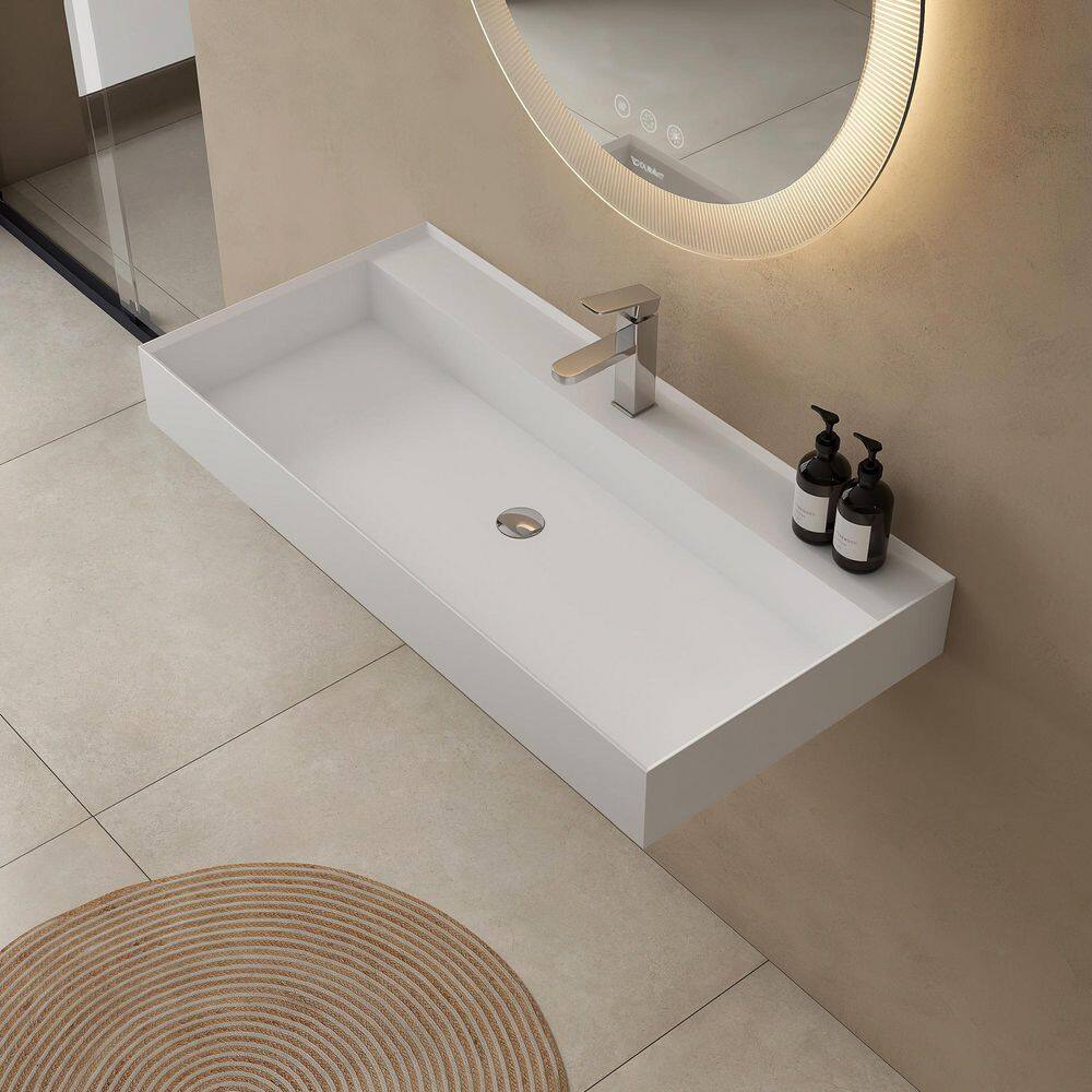 SJ STAR&JANE 39 in. Wall Mount Rectangle Vessel Sink with Faucet Hole, Solid Surface Bathroom ...