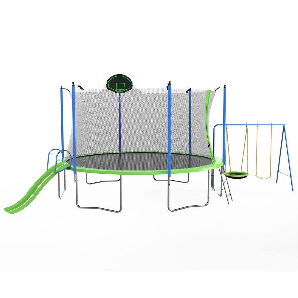 Nestfair 14 ft. Outdoor Green Trampoline with Slide and Swings ...