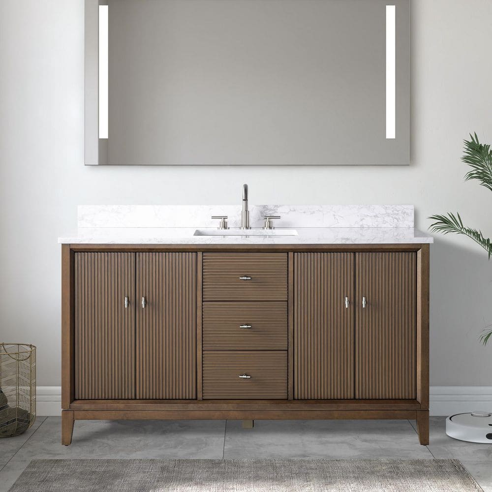 Vanity Art 60 in. W Single Sink Freestanding Walnut Bath Vanity Cabinet with Arabescato White ...