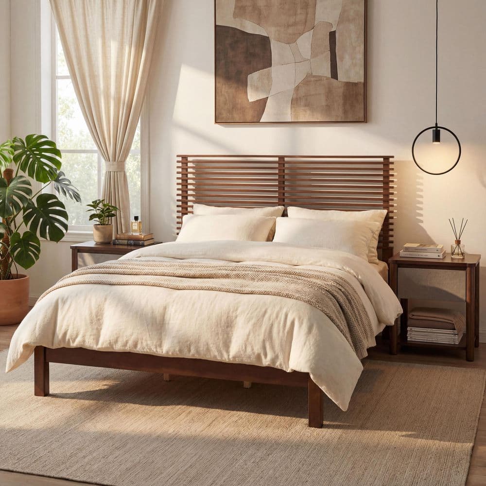 Harper & Bright Designs Premium Walnut Brown Wood Frame King Size ...