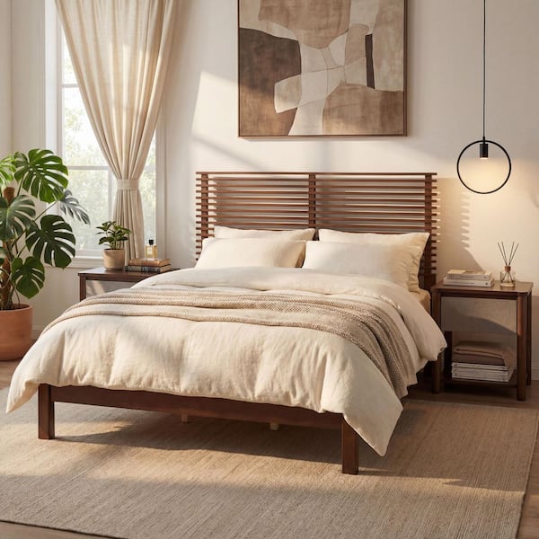Harper & Bright Designs Premium Walnut Brown Wood Frame King Size ...