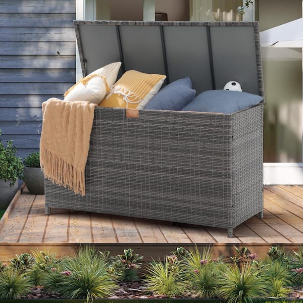120 gal. Gray Wicker Aluminum Frame Outdoor Storage Bench Patio Storage Box with Weather Resistant