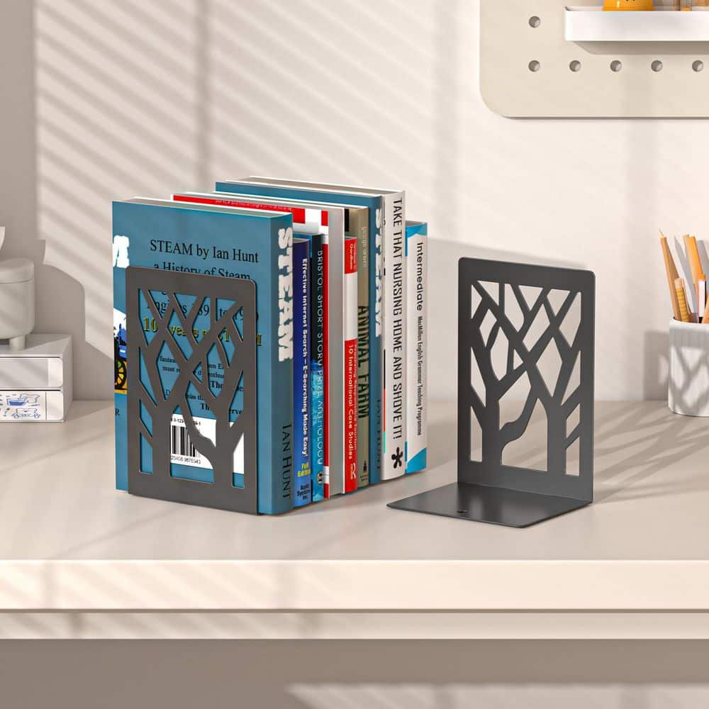 4-Piece Modern Metal Bookends for Shelves, Black Tree Book Ends for ...