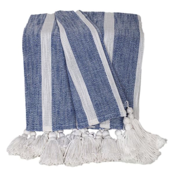 HomeRoots Blue/ White Striped Cotton Throw Blanket 2000548933 - The ...