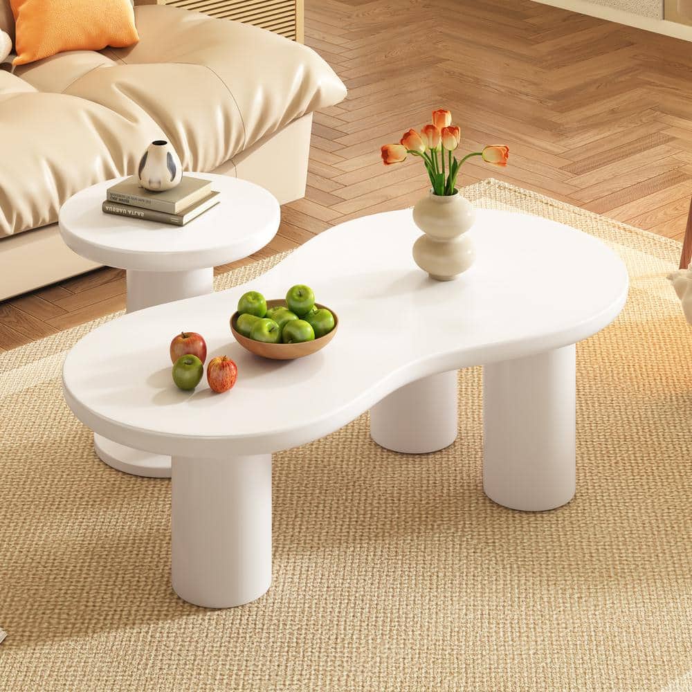 Clihome 39 in. White Round MDF Nesting Coffee Table Irregular Center ...