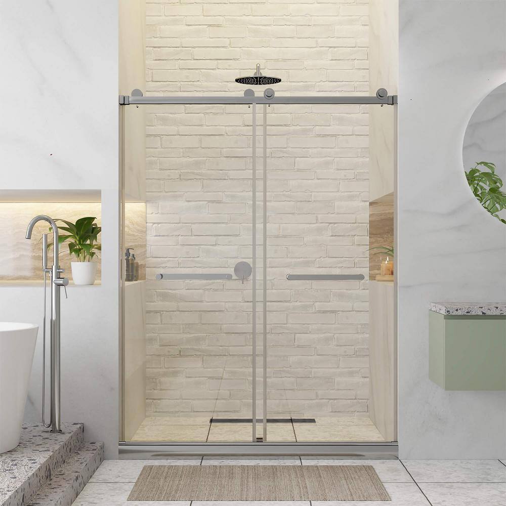 FINE FIXTURES 48 in. W x 80 in. H Double Sliding Frameless Shower Door in Polished Chrome Finish ...