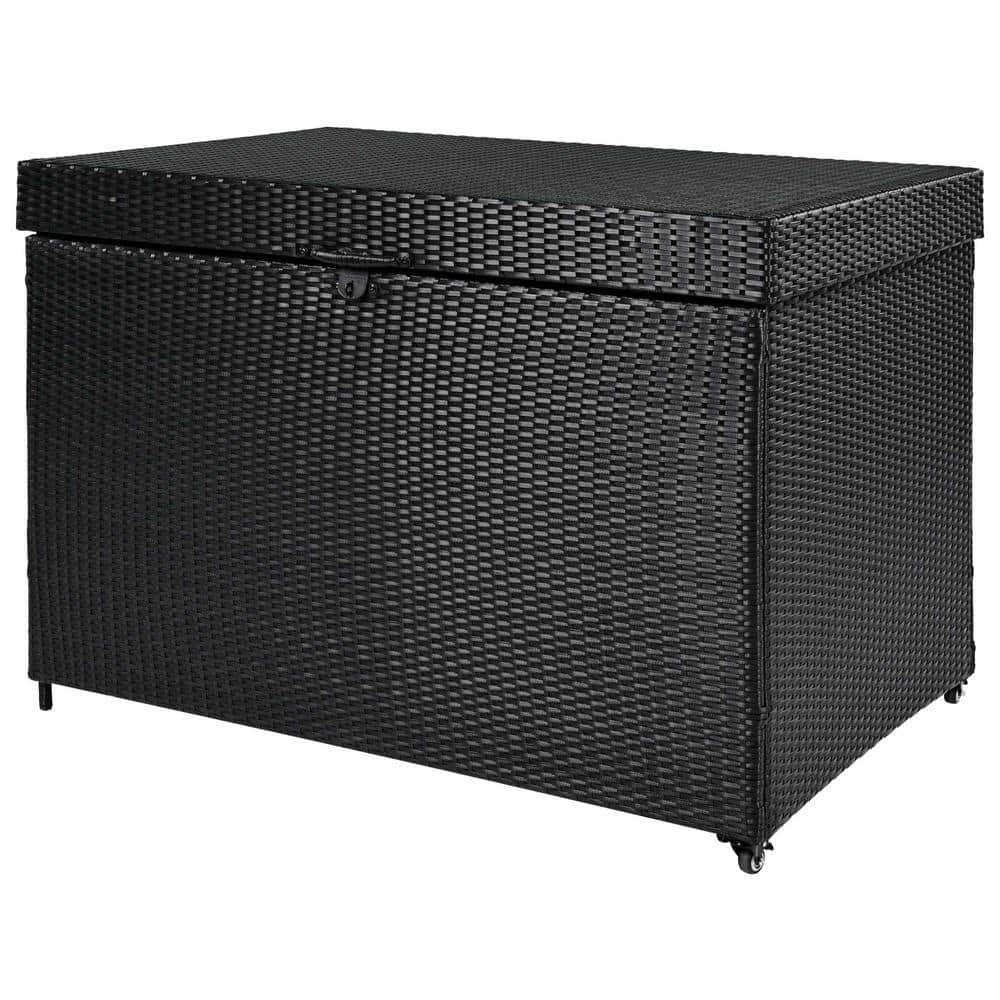 Zeus & Ruta 230 Gal. Black Wicker Deck Box with Wheels Rattan Storage ...