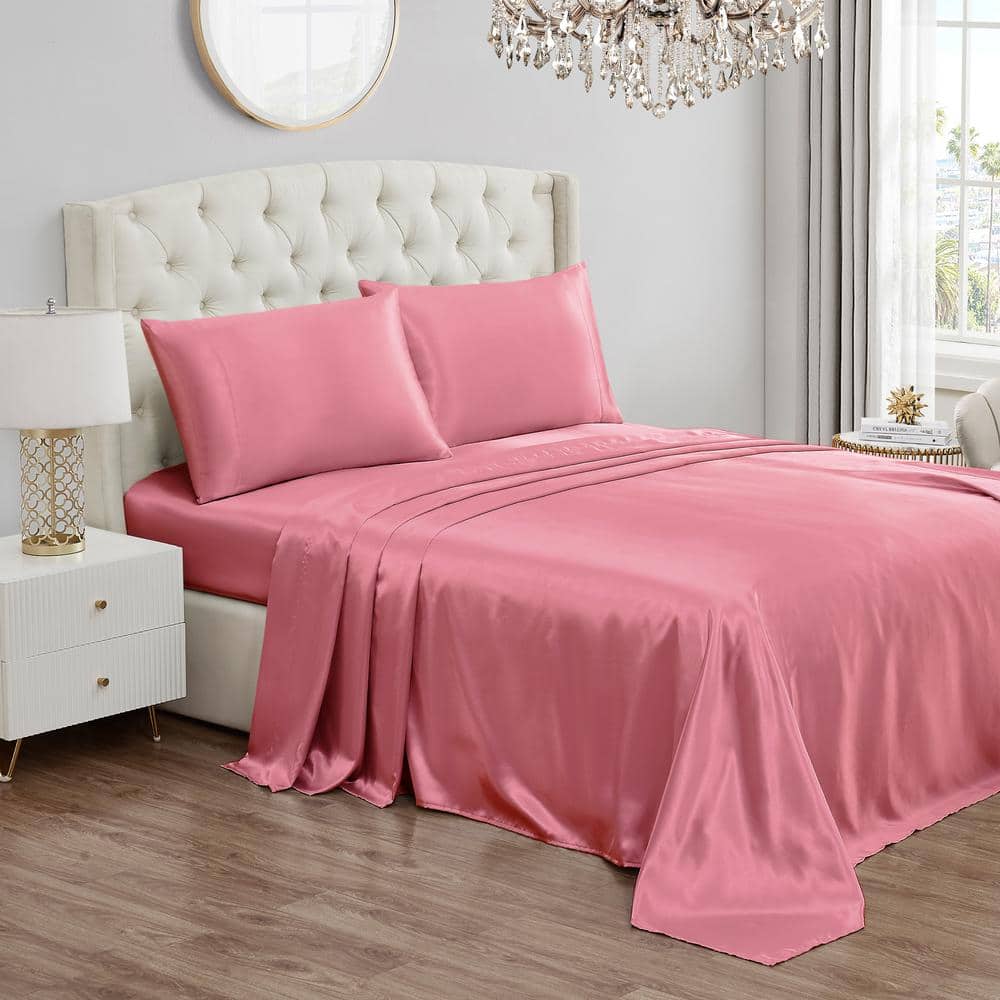 JUICY COUTURE Silky Satin 4-Piece Rose Pink Solid Color Microfiber Deep ...
