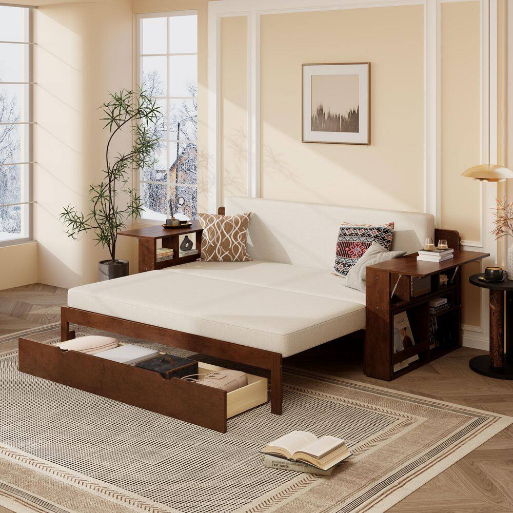 Nestfair Espresso Brown Queen Daybed with Drawers, Hydraulic Side Table ...