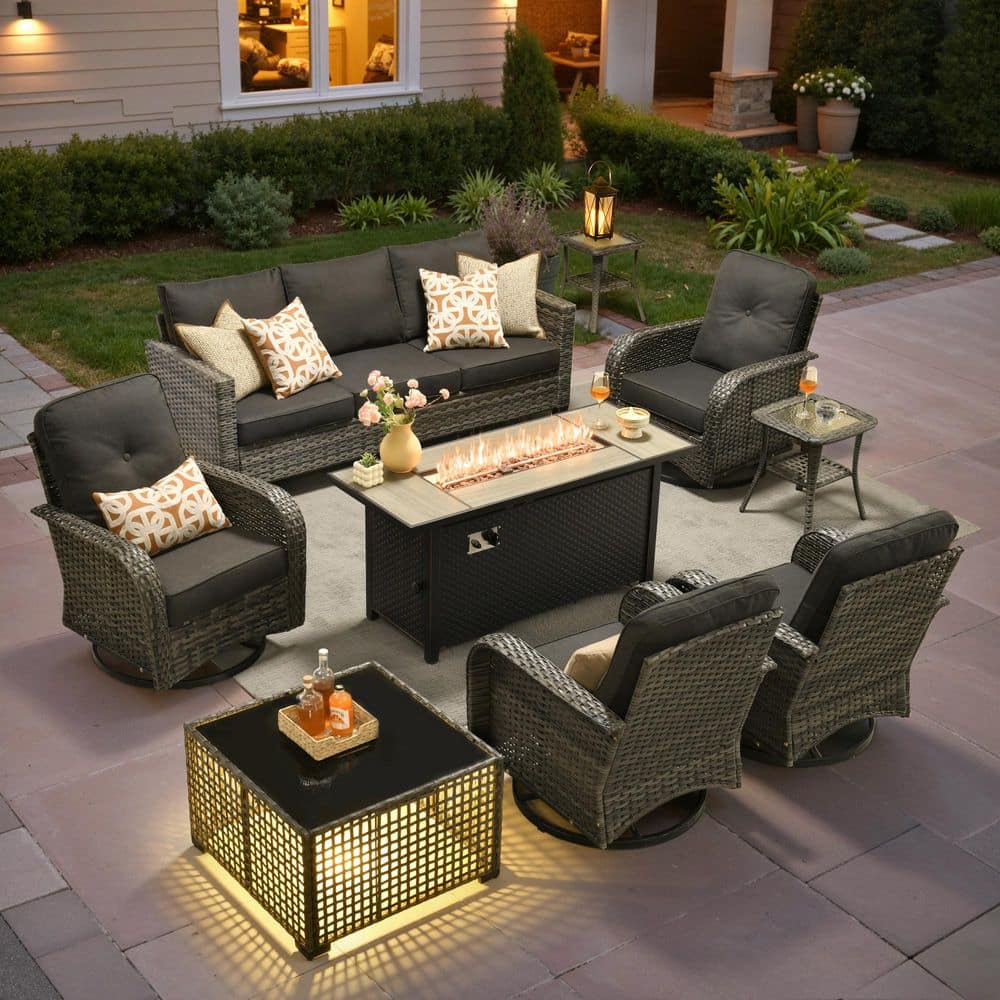XIZZI Poise 9-Pieces Wicker Outdoor Patio Rectangular Fire Pit Set and ...