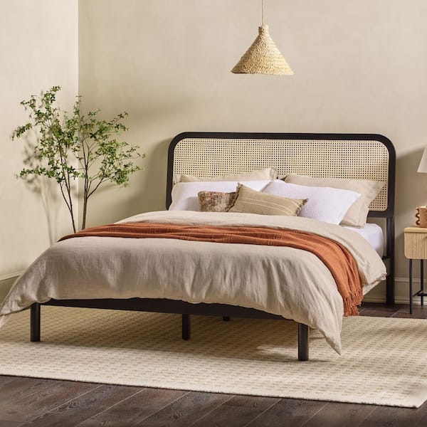 Boho Black Solid Wood Frame Queen Platform Bed with Rattan Headboard Insert HD9901 The Home Depot