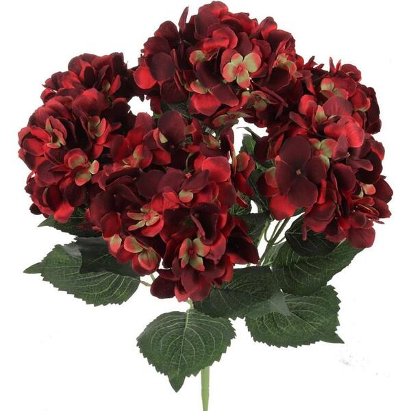 Larksilk 12 in. Burgundy Red Artificial Hydrangea Bush Centerpieces 7 ...