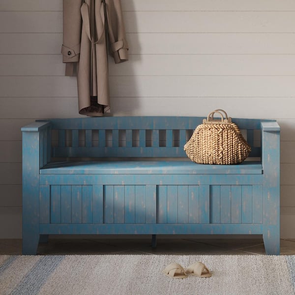 Simpli Home Acadian Distressed Coastal Blue Dining Bench SOLID WOOD 48 inch Wide Transitional Entryway Storage Bench AX2370 DBU The Home Depot