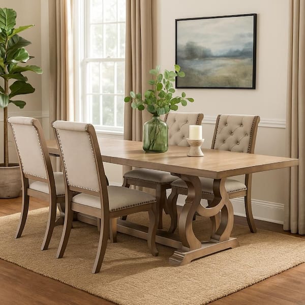 Benjara Sev 5-Piece Rectangle Barley Brown and Cream Wood Top Dining ...