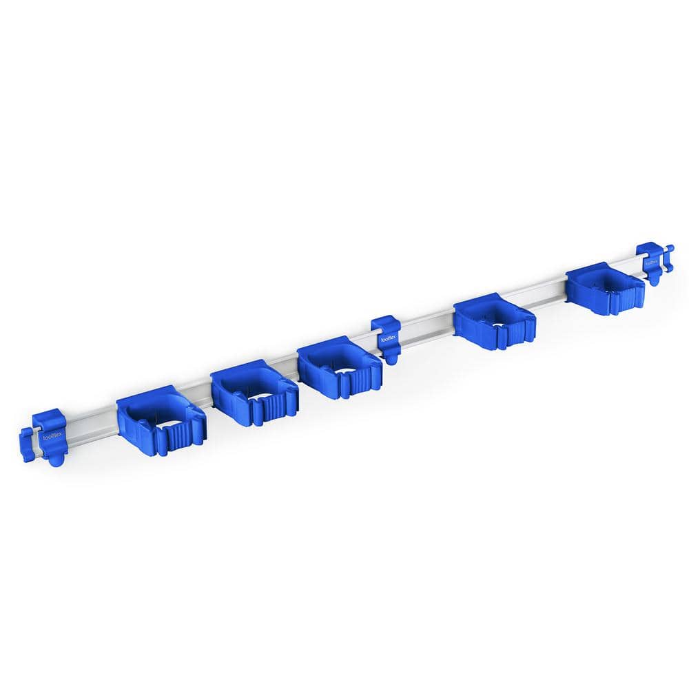 TOOLFLEX 37 in. Universal Garage Storage Rail System with 5 Blue One-Size-Fits-All Holders 9-5-5 ...