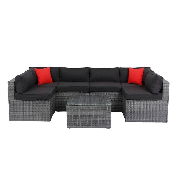 Wicker Outdoor Sectional Set with Glass Top Table and Gray Cushions, 5 ...