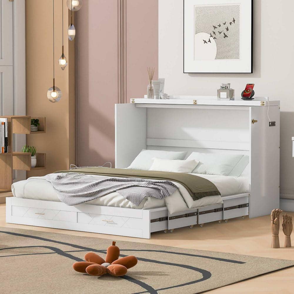 Polibi White Wood Frame Queen Murphy Bed with Drawer and a Set of ...