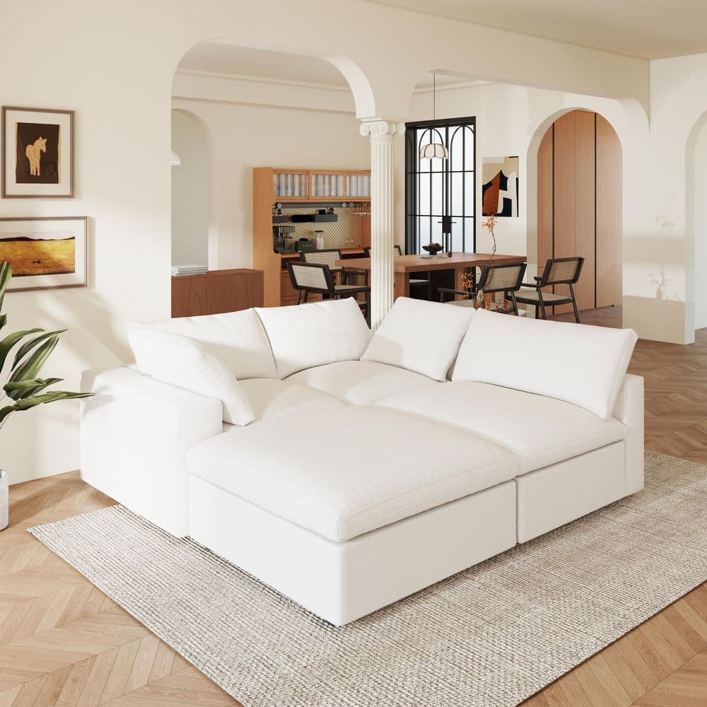 Magic Home 79 in. Modular White Linen Full Size 3-Seat Storage Sleeper ...