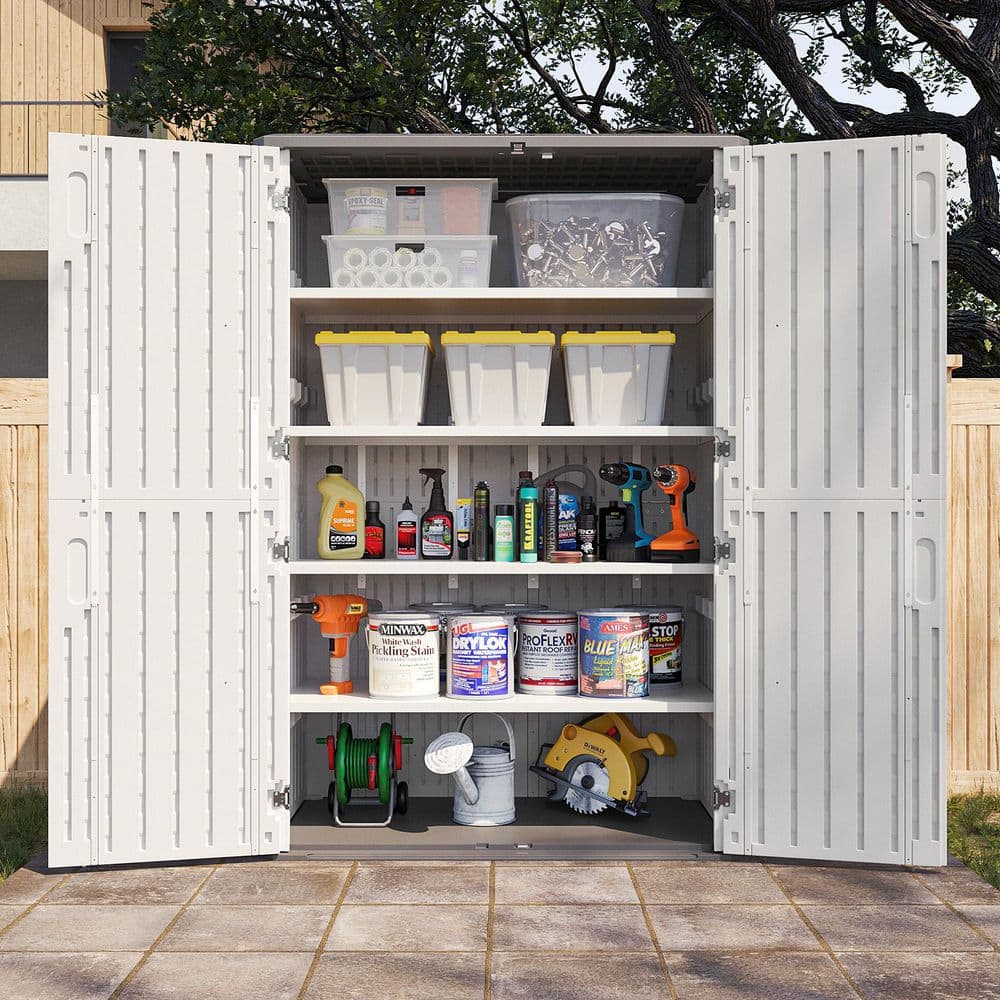 Sizzim 52 in. W x 30 in. D x 75 in. H White Resin Storage Shed with 4 ...