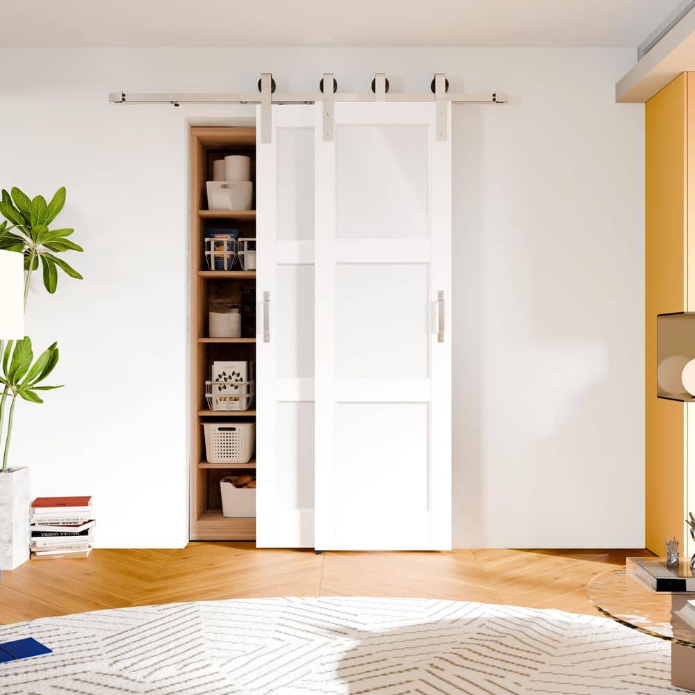 TENONER 56 in. x 80 in. 3 Panel Core White Primed Pine Wood Bypass Barn ...
