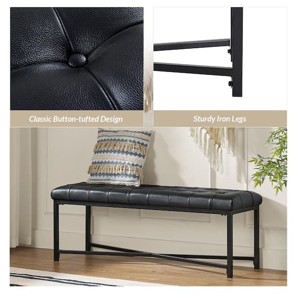 Black leather tufted bench store