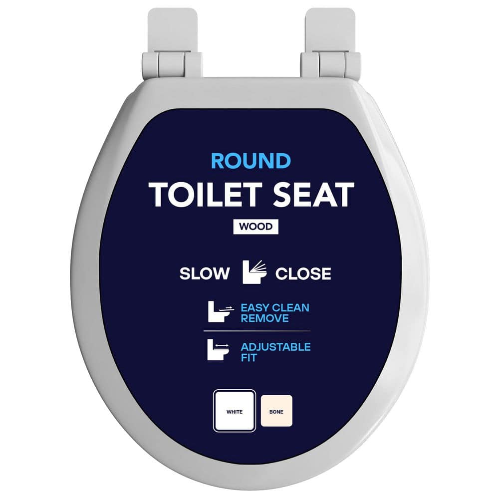 PLUMBFLEX Round Slow-Close Toilet Seat with Adjustable Hinges and Easy ...