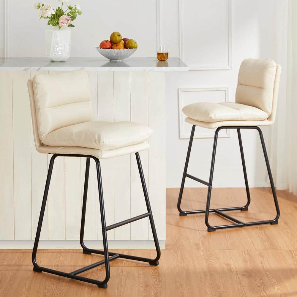 Glitzhome Set of 2 Leatherette Modern Thick Bar Stool with Metal Legs Cream