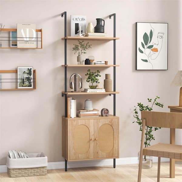Costway 71 in. Tall Natural Wood 3 Shelf Wall Mounted Ladder Bookcase with Rattan Cabinet HCST01563