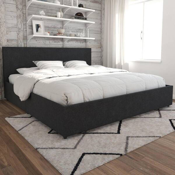 Novogratz Kelly Dark Gray Linen Upholstered King Bed with Storage
