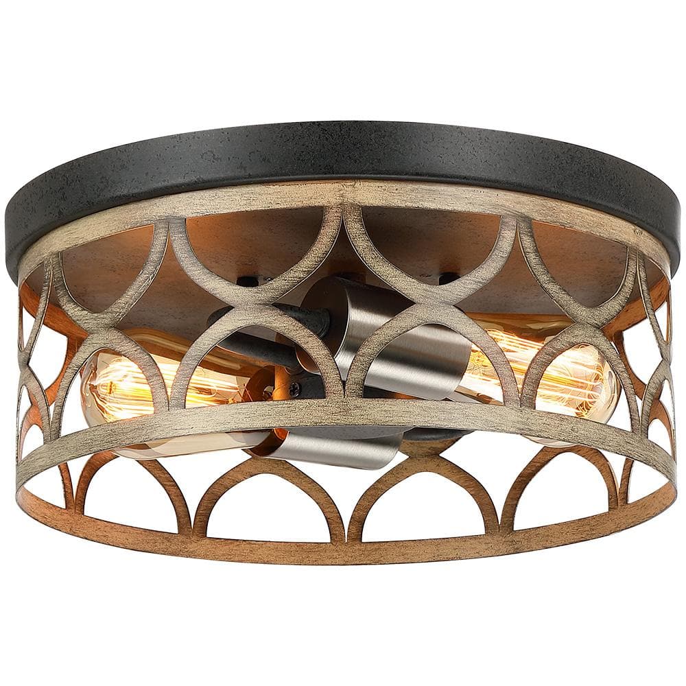 TRUE FINE 12 in. 2-Light Bronze and Wood Tone Flush Mount Ceiling Light ...
