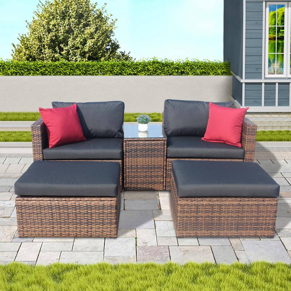 Zeus & Ruta Brown 5-Piece PE Rattan Wicker Outdoor Sectional Set with ...