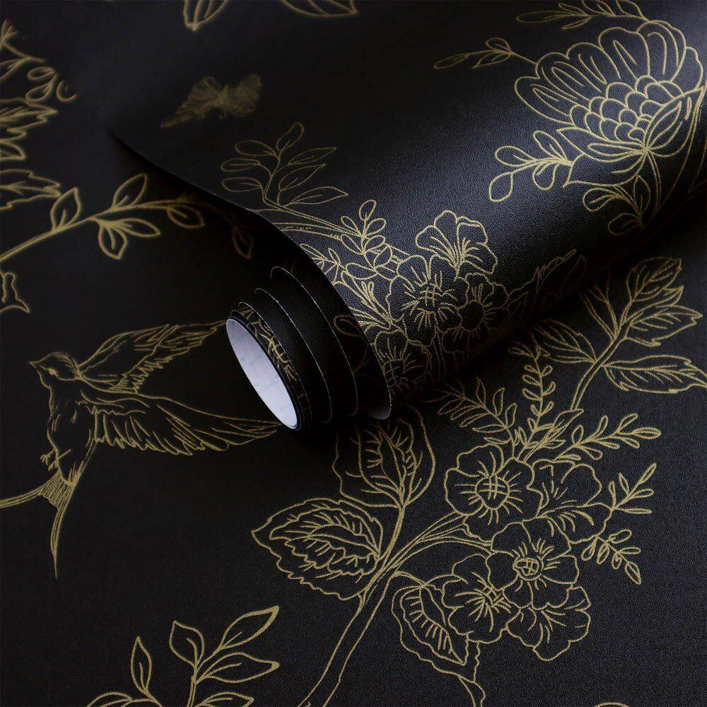 Black and Gold Floral Contact Paper Peel and Stick Wallpaper Roll Set ...