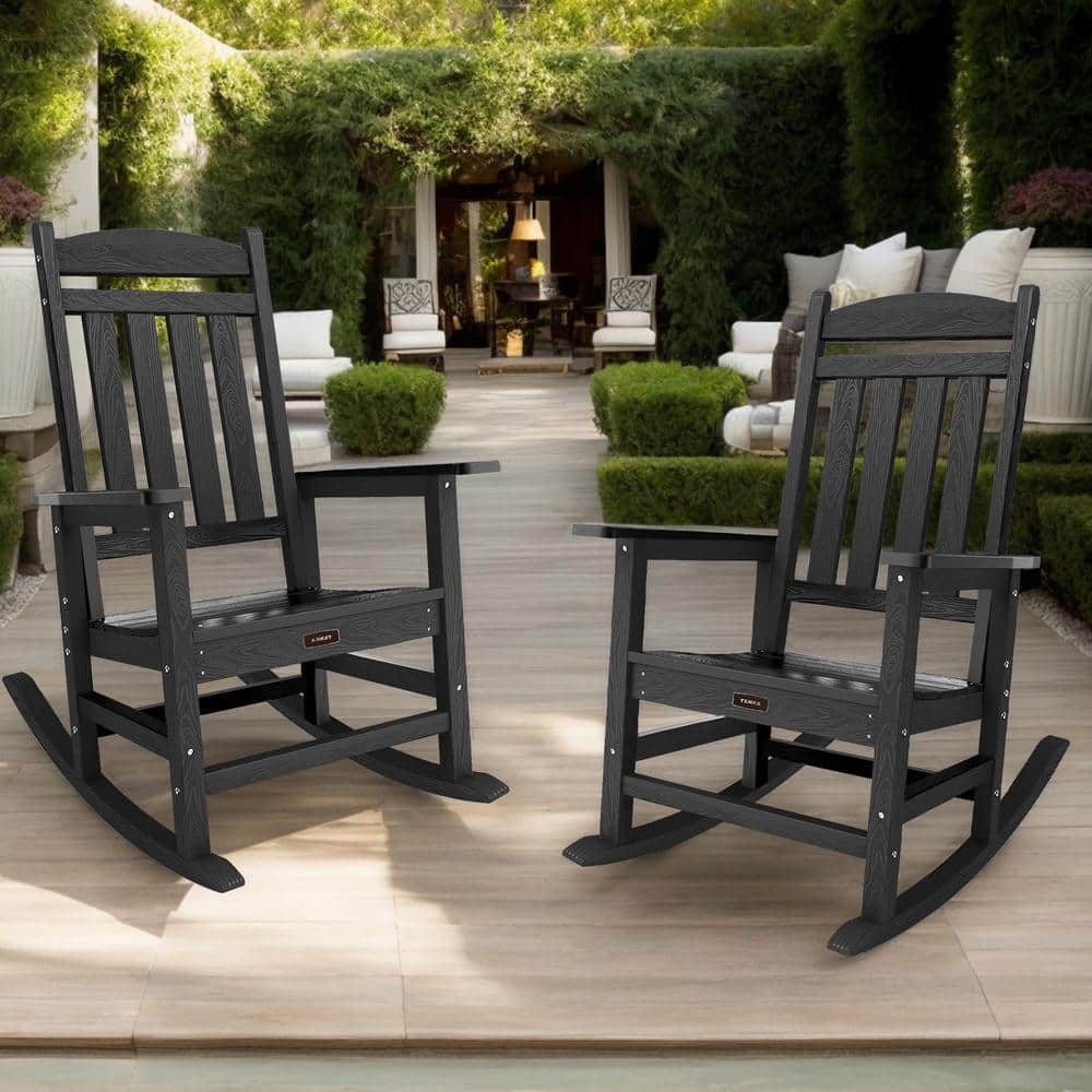 TenKa Set of 2 Black HDPE Plastic Patio Outdoor Rocking Chair All ...