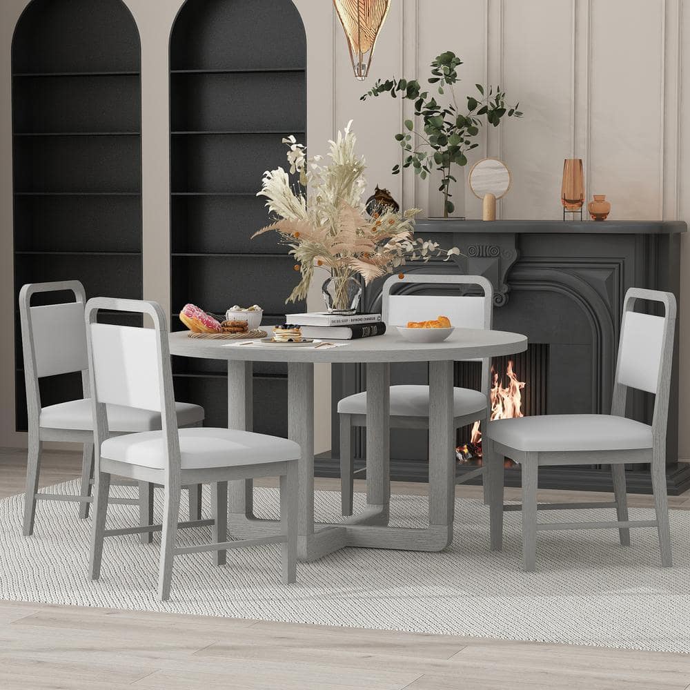 Qualler 5-Piece Round Antique Gray MDF Top Dining Table Set Seats 4 ...